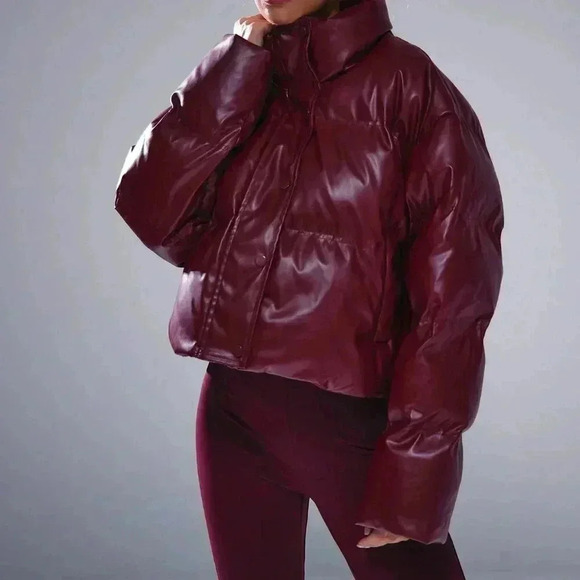 Jackets & Coats | Red Casual Womens High Neck Oversized Shiny Padded ...
